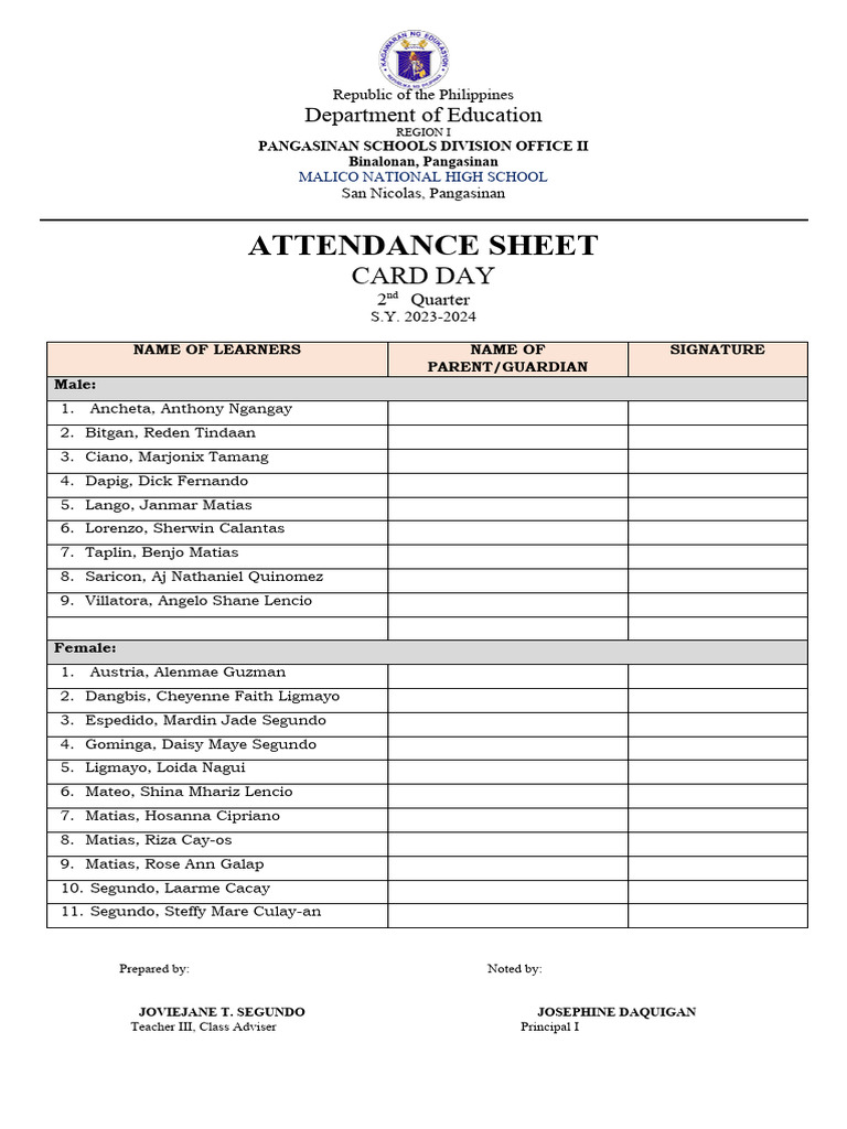 Malico NHS Card Day Attendance 2023 | PDF