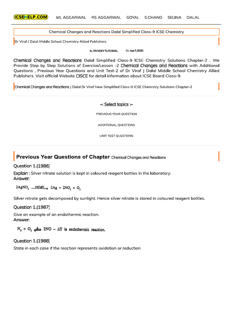 Chemical Changes and Reactions Dalal Simplified Class-9 ICSE Chemistry ...