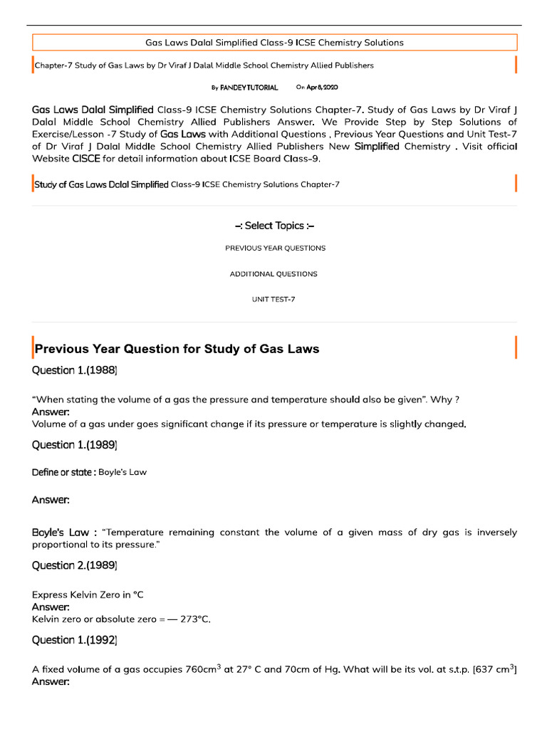 Study of Gas Laws Dalal Simplified Class-9 ICSE Chemistry Solutions Chapter-7 | PDF