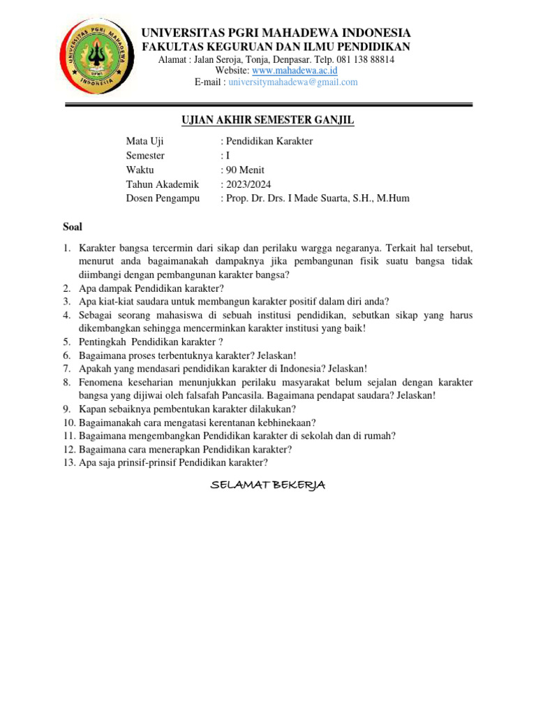 Soal UAS Pendidikan Karakter Ganjil 2023 | PDF