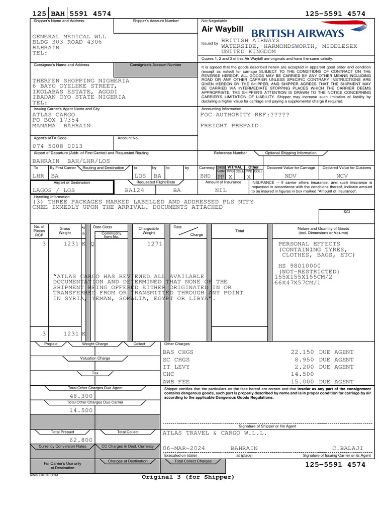 Original 3 (For Shipper) : Wt/Val Other | Download Free PDF | Freight ...