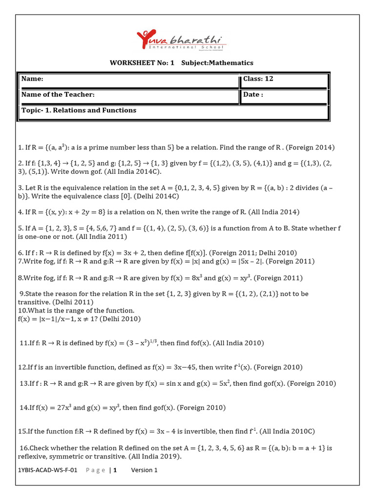 Class 12 Chapter 1 RF Ws | PDF | Function (Mathematics) | Functions And ...