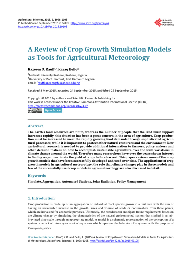A Review of Crop Growth Simulation Models - Kazeem 2015 | PDF | Meteorology | Climate Change