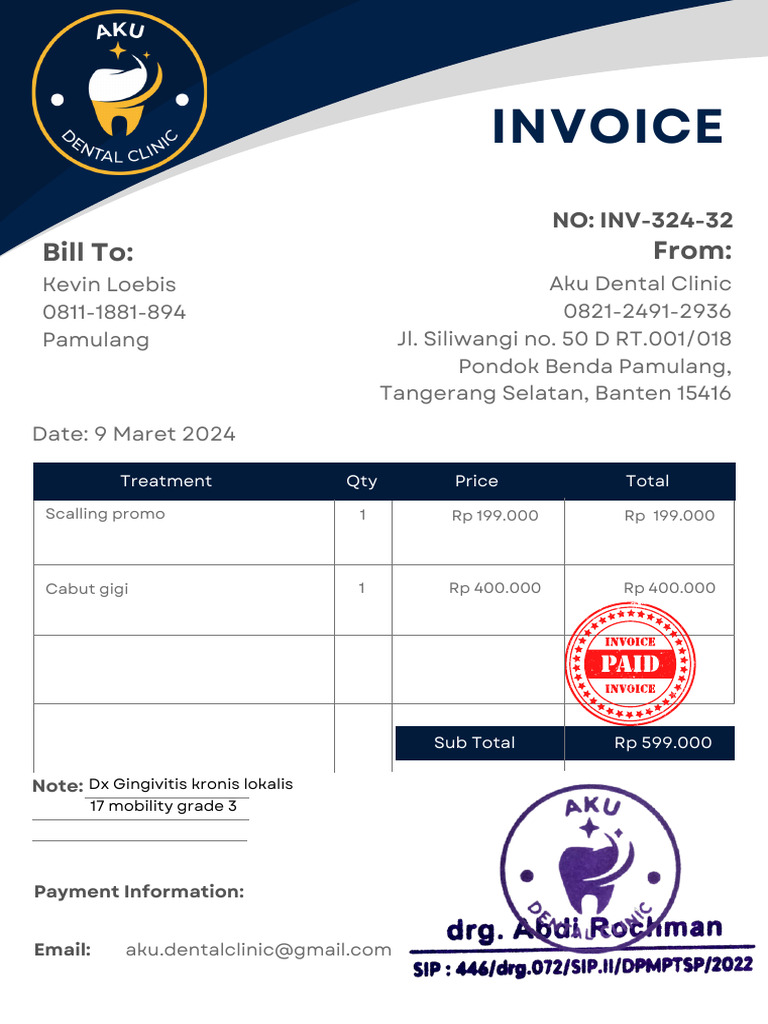 Dental Treatment Invoice for Kevin Loebis | PDF
