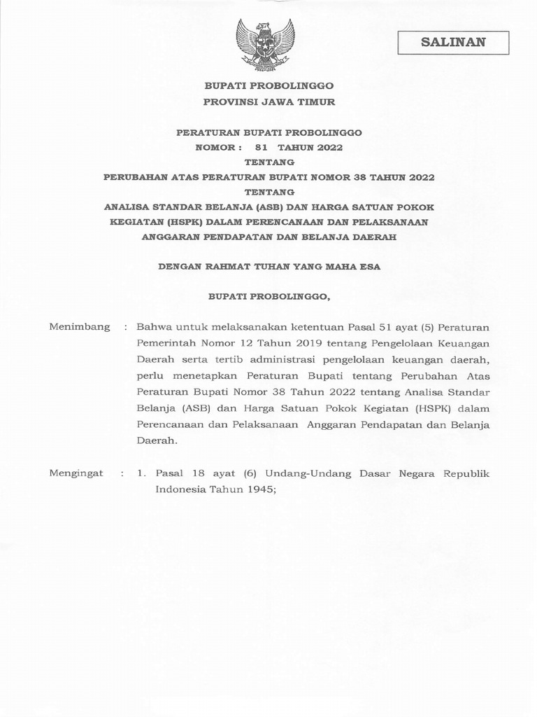 Perbup Perubahan ASB Dan HSPK TA. 2022 | PDF