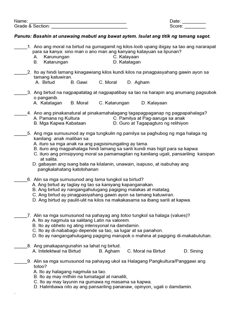 EsP7 Assessment Q3 | PDF