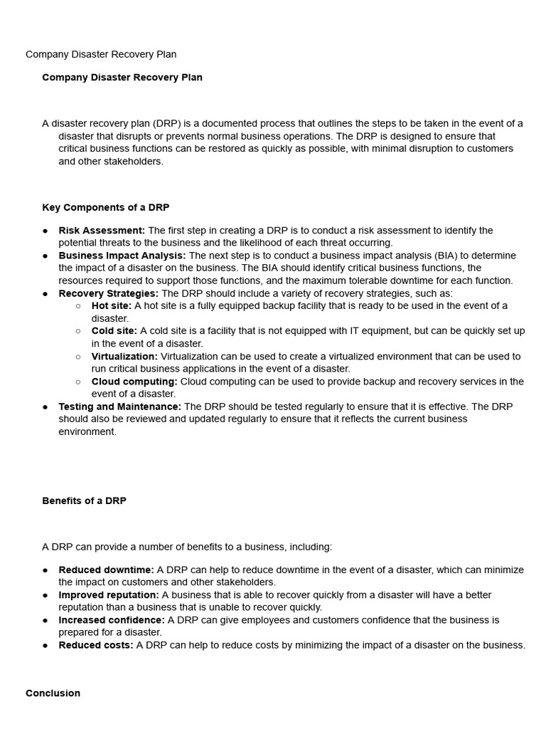Company Disaster Recovery Plan | PDF