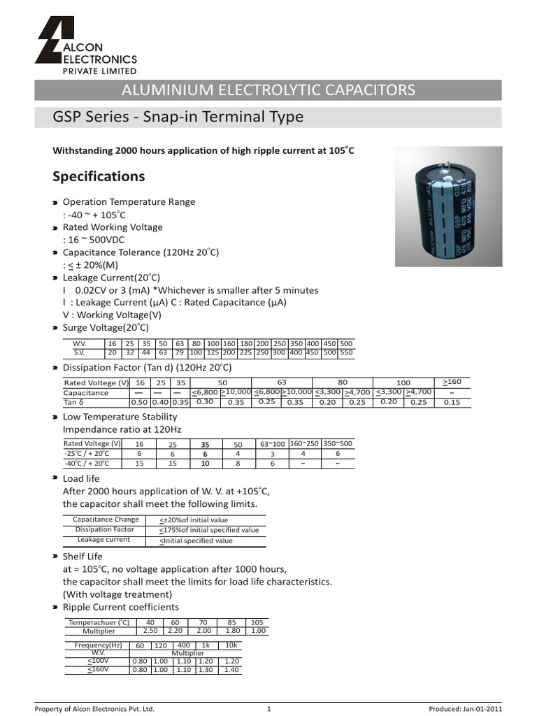 Alcon (Snap-In) GSP Series | PDF | Capacitor | Electromagnetism