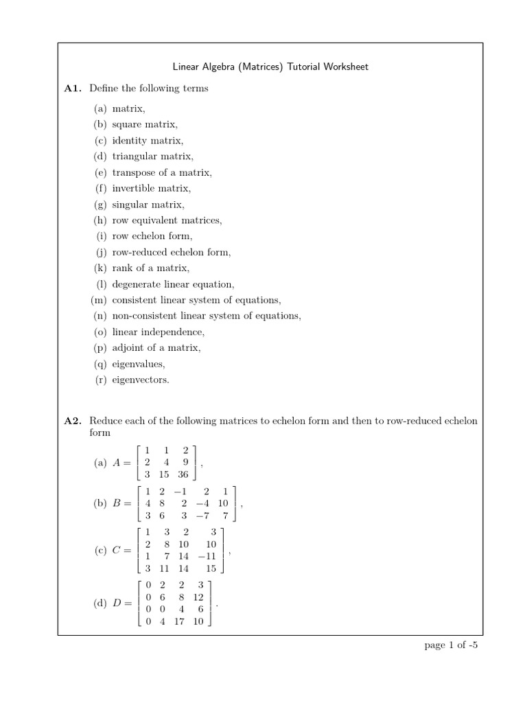 Sma 1216 Matrices Tutorial Pdf Matrix Mathematics Eigenvalues And Eigenvectors 