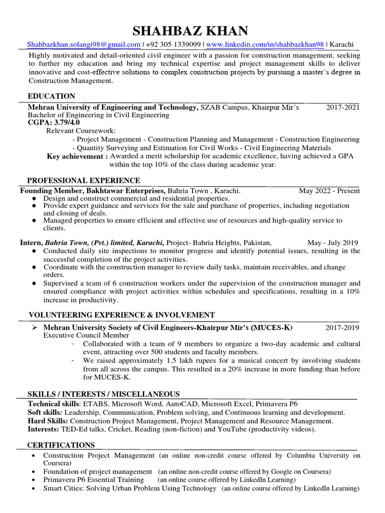 Shahbaz Khan Resume PDF | PDF | Project Management | Engineering