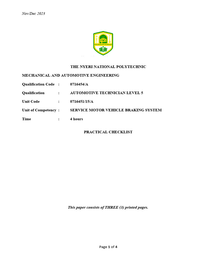 Practicle Checklist Amt523s1 Braking System | PDF | Brake | Vehicles