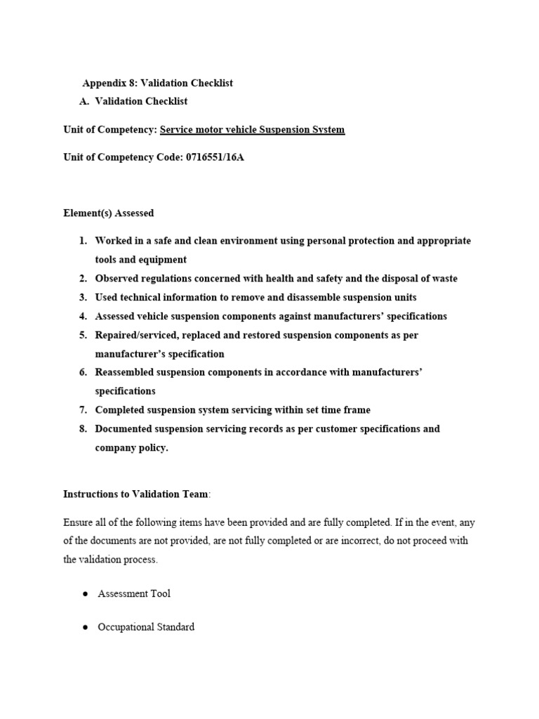 Validation Checklist suspension system level 6 | PDF | Information