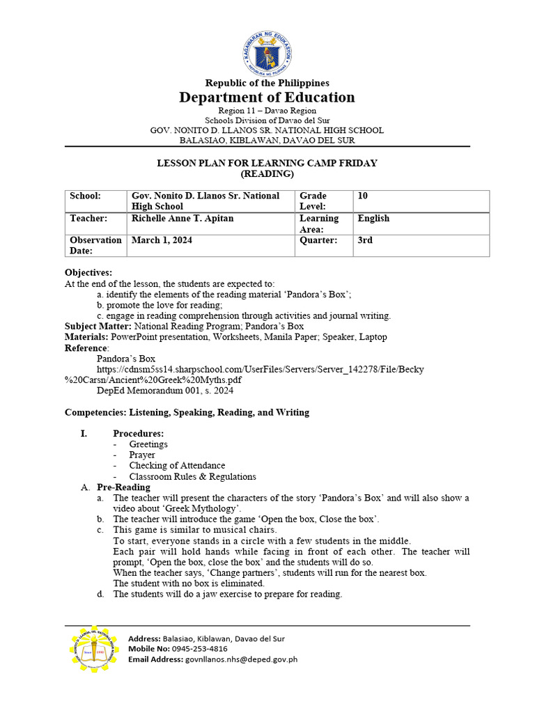 Reading g10 .Pandoradocx | PDF | Pedagogy | Cognition