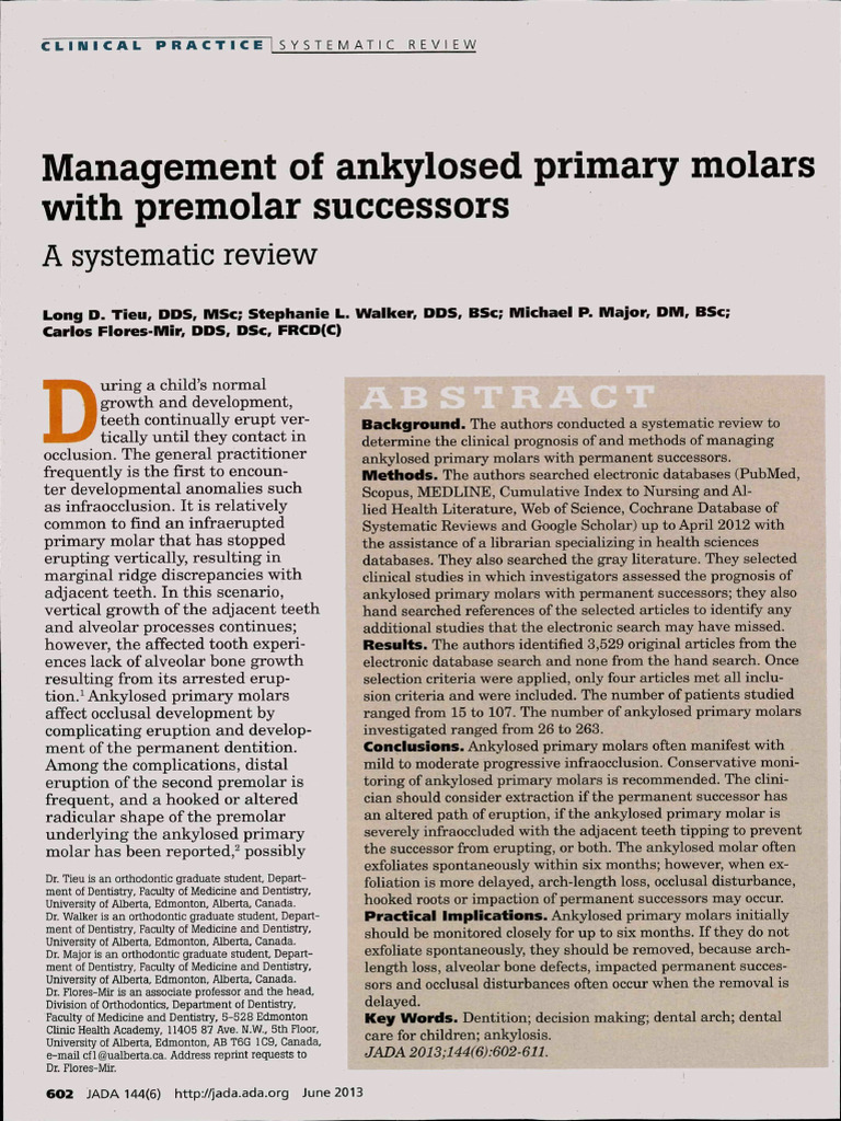 Management of Ankylosed Primary Molars With Premolar Successors A ...