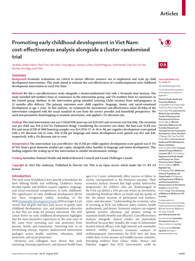 Promoting Early Childhood Development in Viet Nam Cost-effectiveness Analysis Alongside a ...