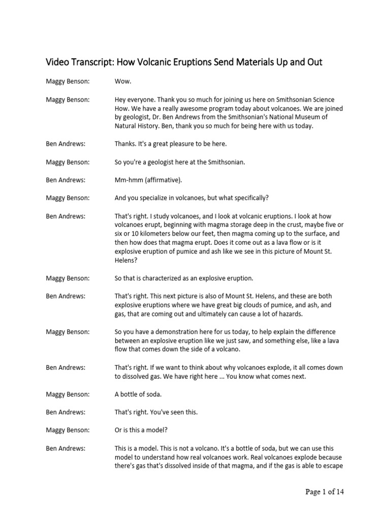 Video Transcript How Volcanic Eruptions Send Materials and Out 0 | PDF