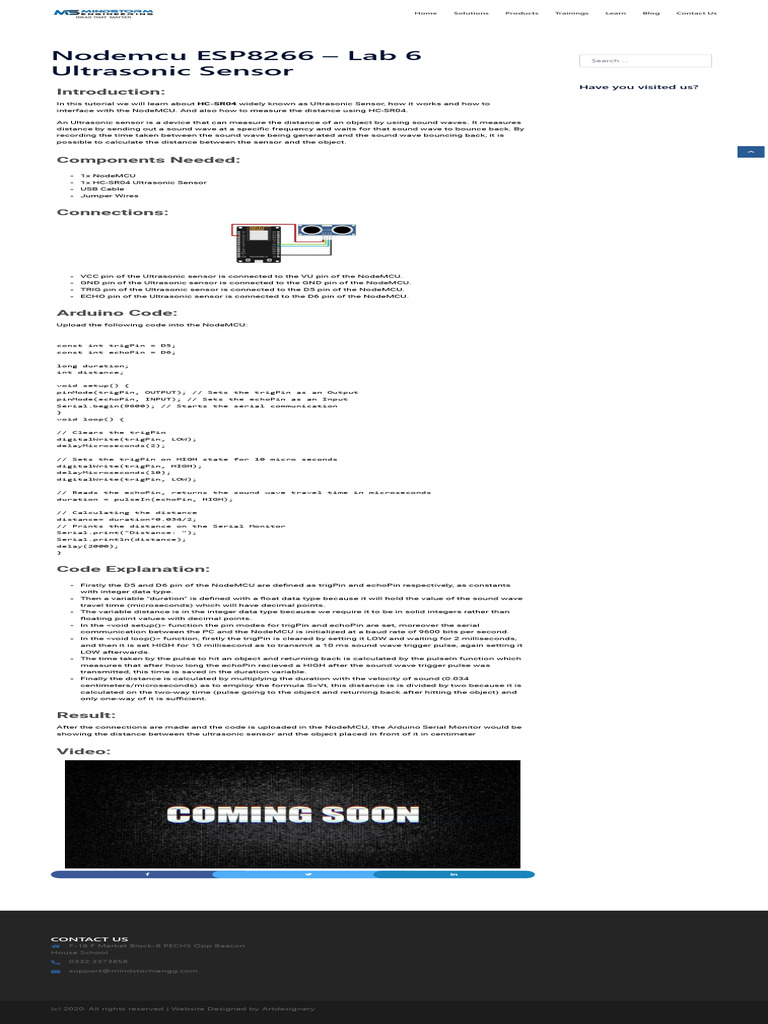 Nodemcu ESP8266 - Lab 6 Ultrasonic Sensor - Mindstorm Engineering | PDF