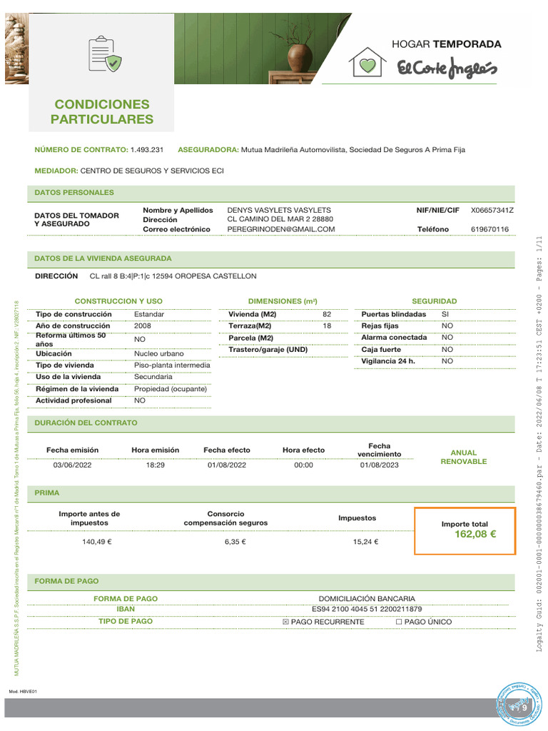 1.493.231 Condiciones Particulares | PDF | Seguro | Póliza de seguros