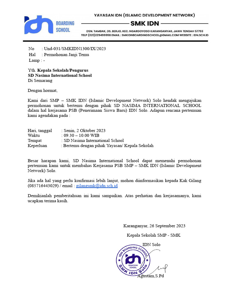 Surat Permohonan Janji Temu Dengan SD Nasima | PDF