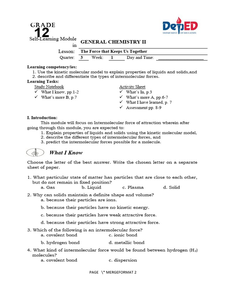 Gen Chem 2 Q3 Module 1 Week1 | PDF | Intermolecular Force | Chemical ...