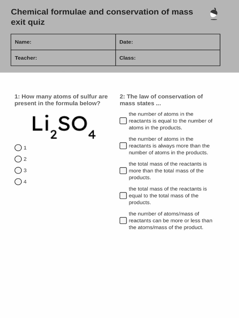 Chemical Formulae and Conservation of Mass Jeab35 Exit Quiz Questions | PDF