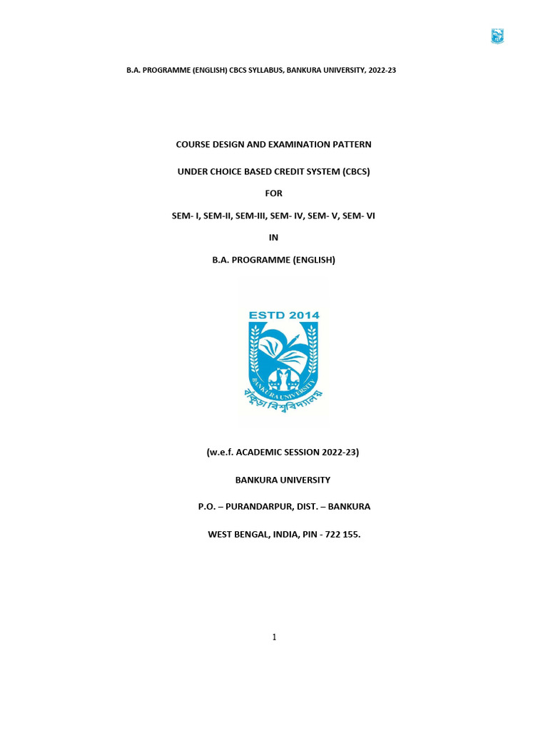 B.A. Programme (English) Cbcs Syllabus, Bankura University, 2022-23 | Download Free PDF ...