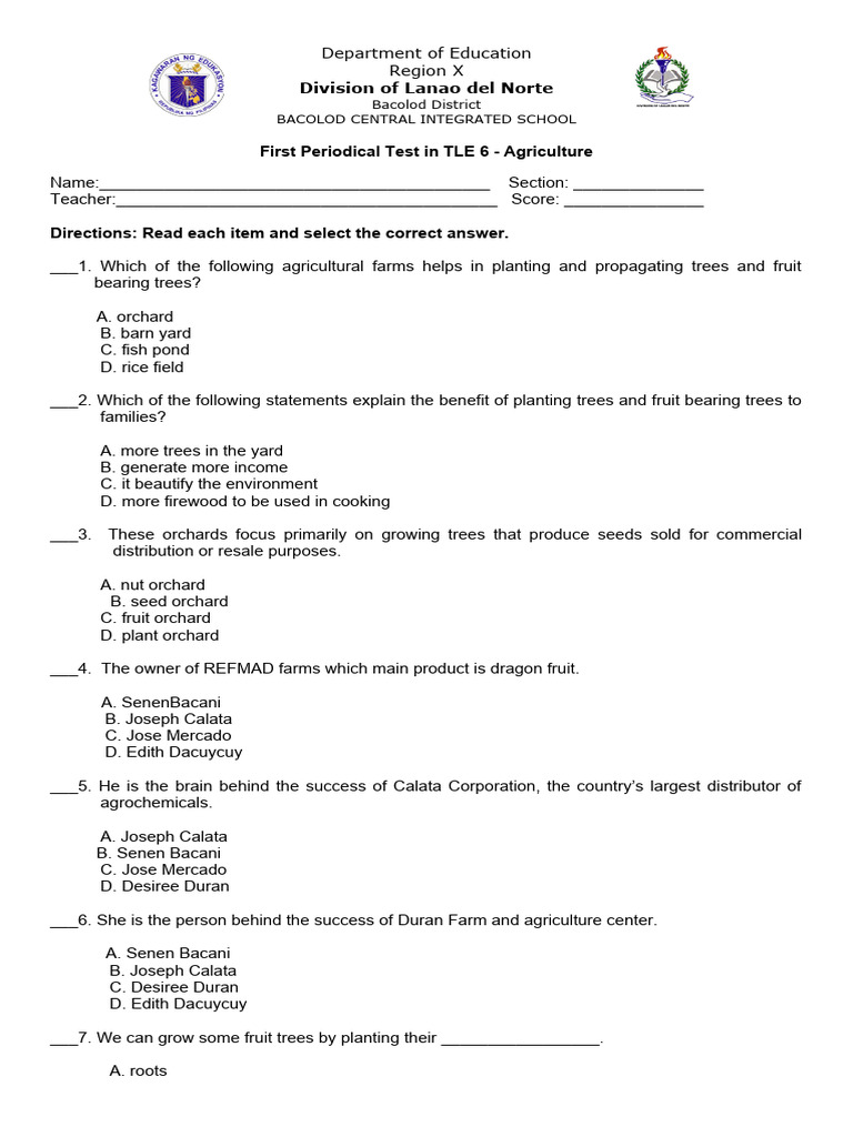 TLE 6 Agriculture Periodical Test | PDF | Trees | Fertilizer