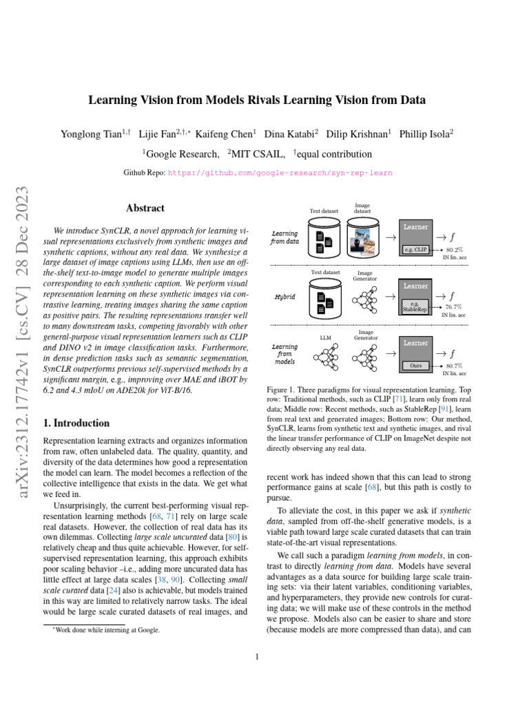 Learning Vision From Models Rivals Learning Vision From Data (Google, MIT 2023 ) SynCLR | PDF ...
