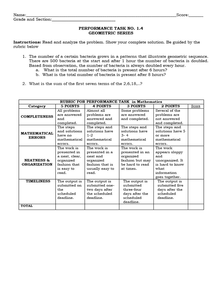 g10 Math q1 Performance Task 4 Geometric Series | PDF | Mathematics