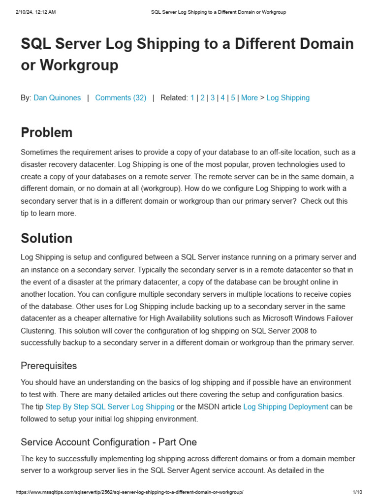 Log Shipping Across Domains and Workgroups | PDF | Microsoft Sql Server ...
