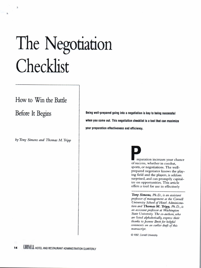0011 - The Negotiation Checklist T. Simons, TM Tipp, Cornell HRQ 1997 | PDF