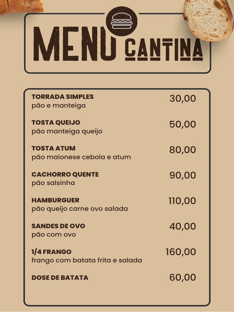 Menu da Cantina: Lanches e Bebidas | PDF