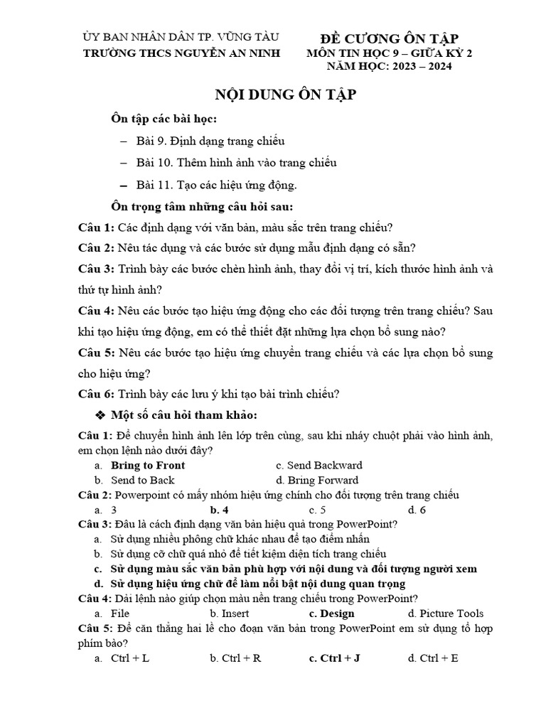 De Cuong On Tap Giua Ky 2 Tin 9dap An | PDF