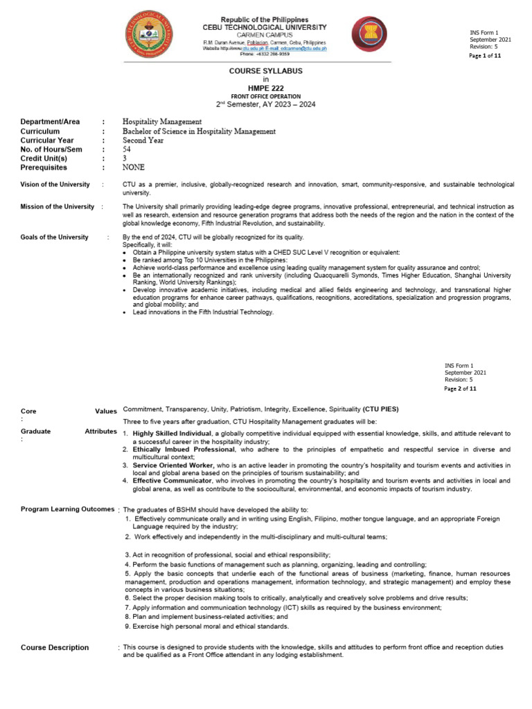 Front Office Operation HMPE 222 | PDF