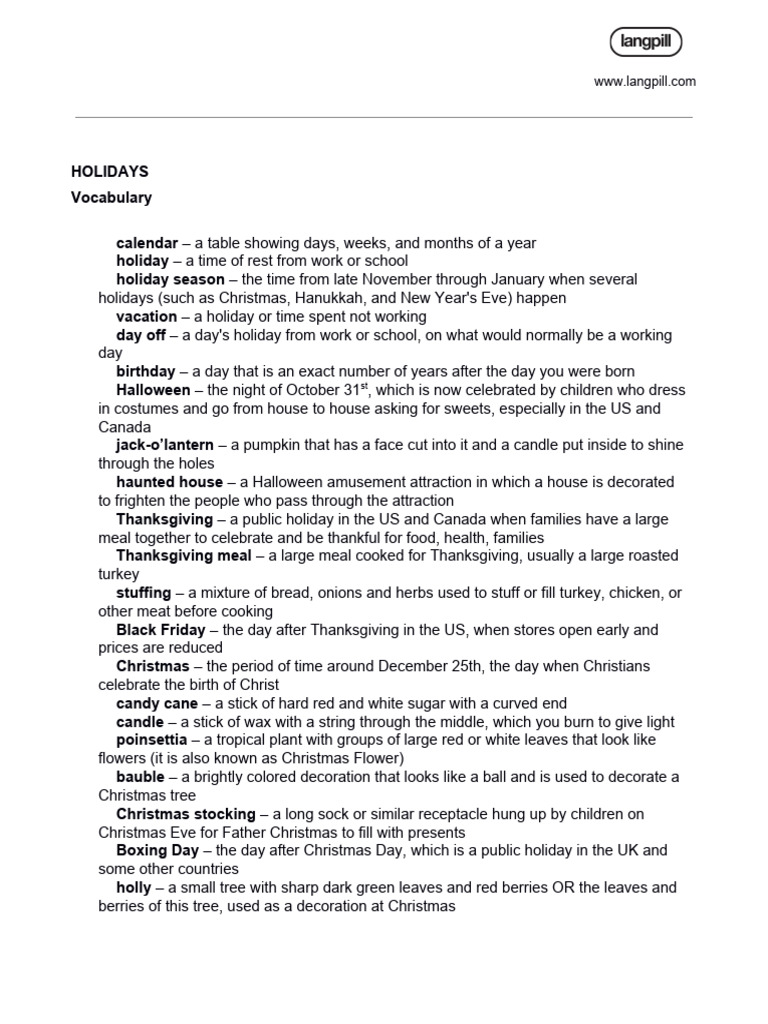 Holiday Vocabulary Guide | PDF | Foreign Language Studies