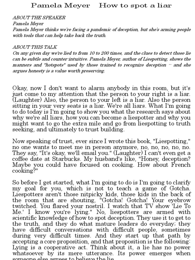 Pamela Meyer How To Spot A Liar | PDF | Lie | Deception
