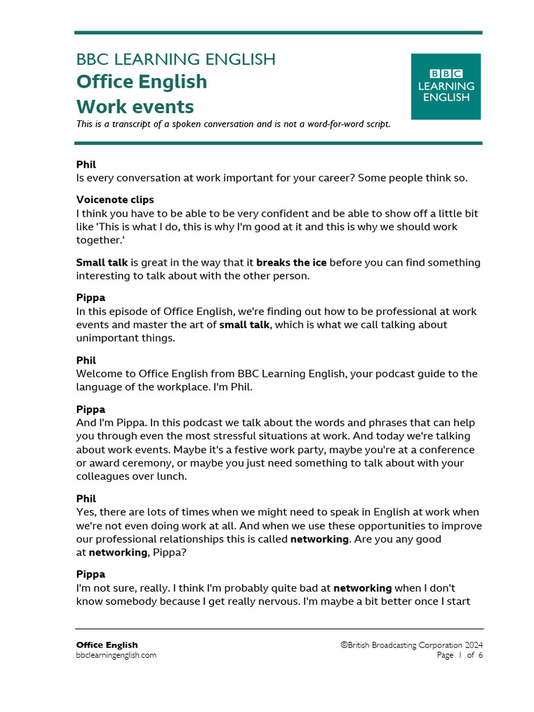 OfficeEnglish WorkEvents Transcript | PDF | English Language | Conversation