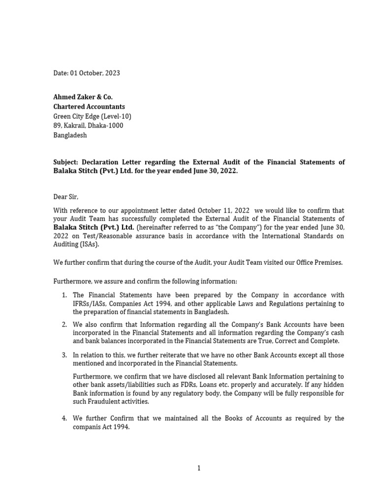 Declaration Letter | PDF | Audit | Financial Statement