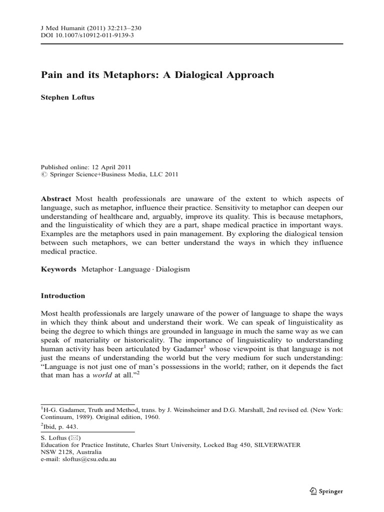 Stephen Loftus (2011) - Pain and Its Metaphors - A Dialogical Approach ...