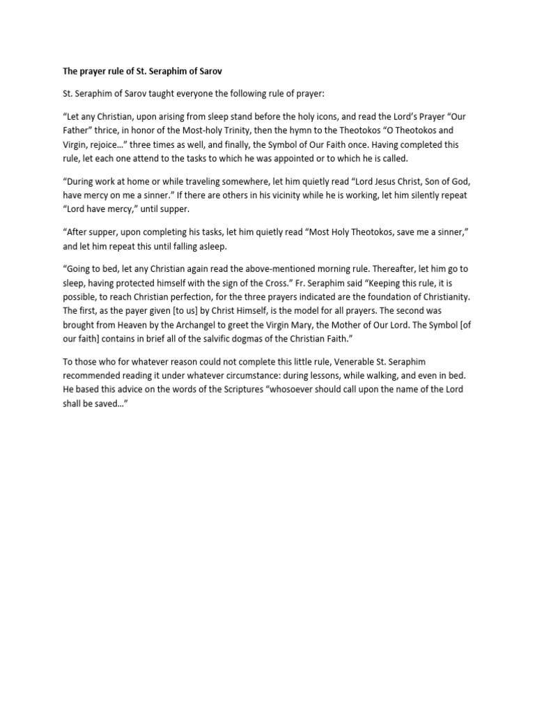 St. Seraphim's Prayer Rule Explained | PDF