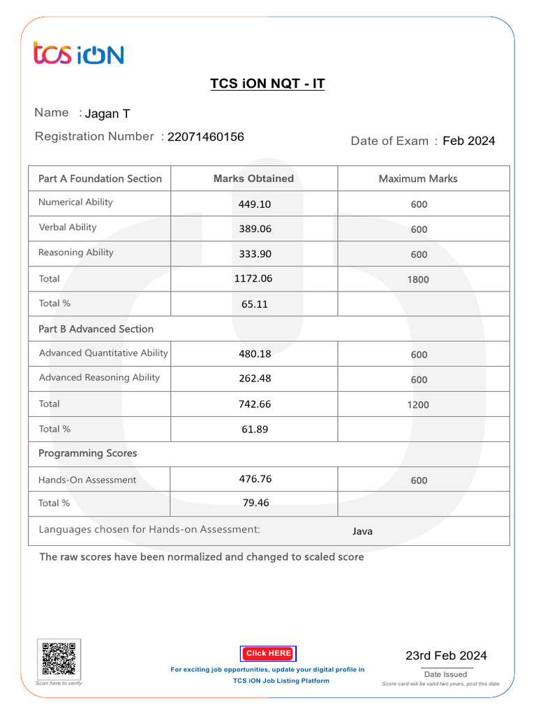 Tcs Ion NQT - It: Jagan T 22071460156 Feb 2024 | PDF