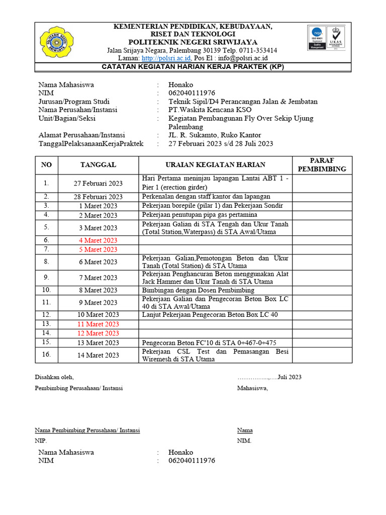 Catatan Kegiatan Harian Kerja Praktek (KP) Honako | PDF