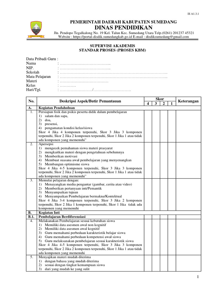 Instrumen Supervisi KBM Kurikulum Merdeka | PDF