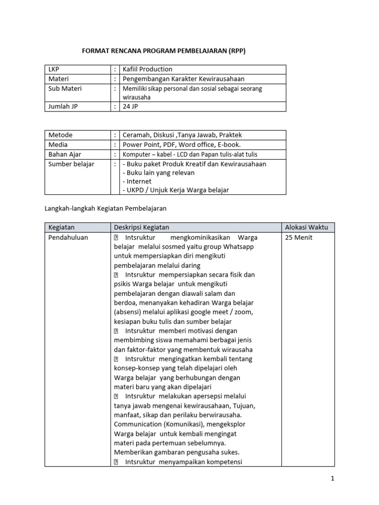 Template RPP PKW 2024 Pengembangan Karakter Kewirausahaan | PDF