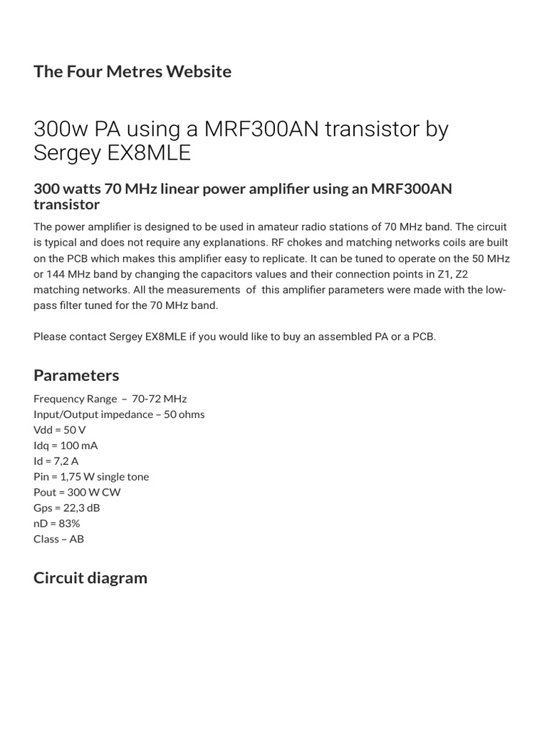 300w PA Using A MRF300AN Transistor by Sergey EX8MLE The Four Metres ...