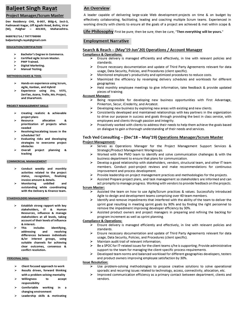 Scrum Master Resume Template Pdf Download Free Pdf Scrum Software