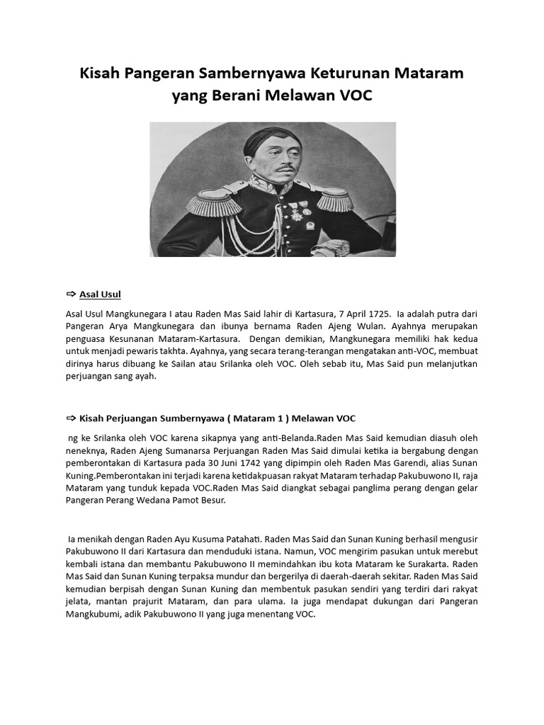 Kisah Pangeran Sambernyawa Keturunan Mataram Yang Berani Melawan VOC | PDF