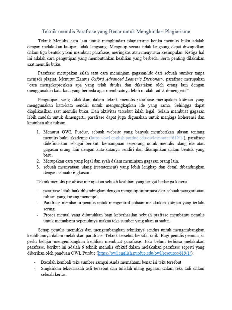 Teknik Menulis Parafrase Yang Benar Untuk Menghindari Plagiarisme | PDF