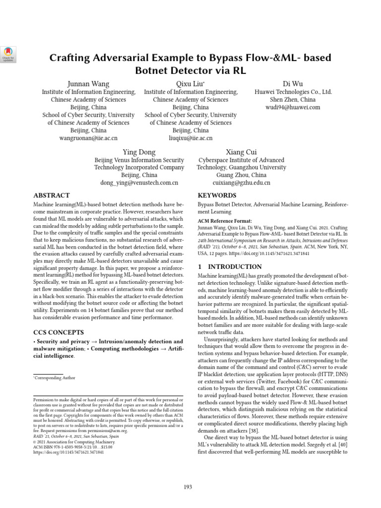 Crafting Adversarial Example To Bypass Flow-&ML - Based Botnet Detector ... Crafting Adversarial Example To Bypass Flow-&ML - Based Botnet Detector ...