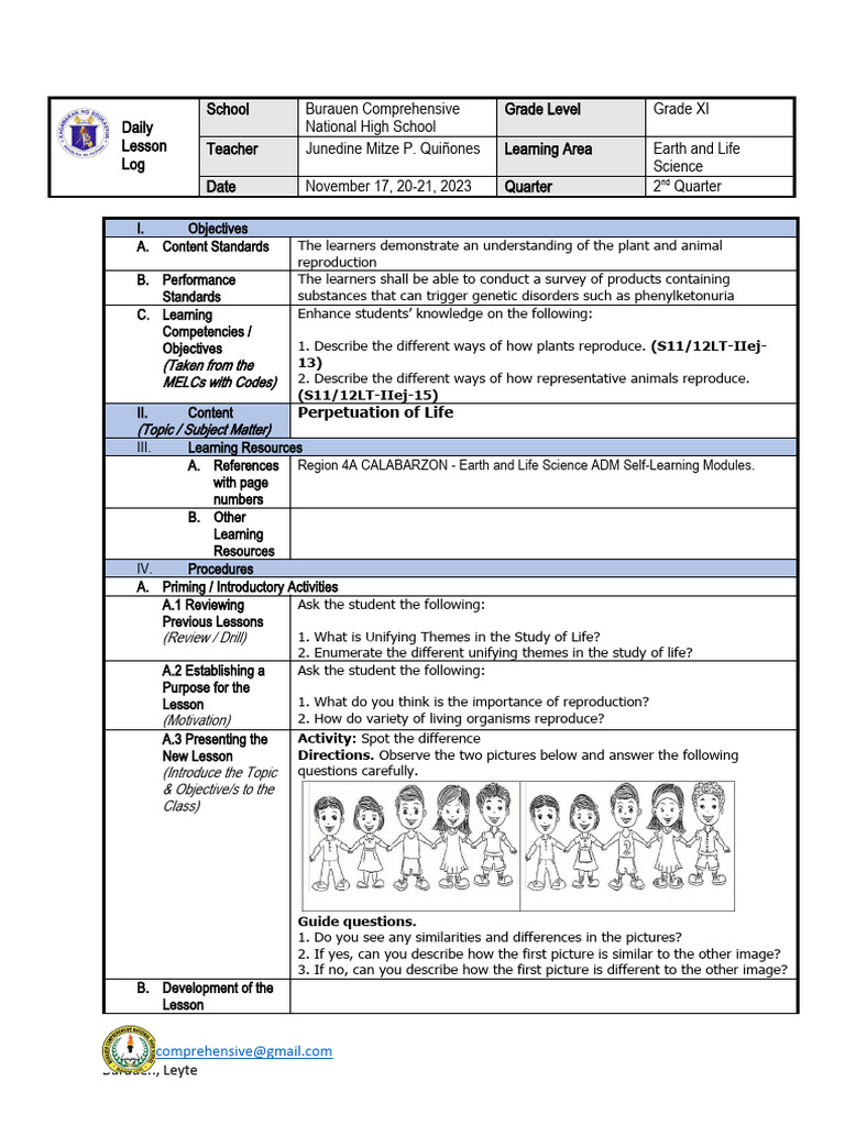 Grade 11 Perpetuation of Life Lesson Plan | PDF | Reproduction ...